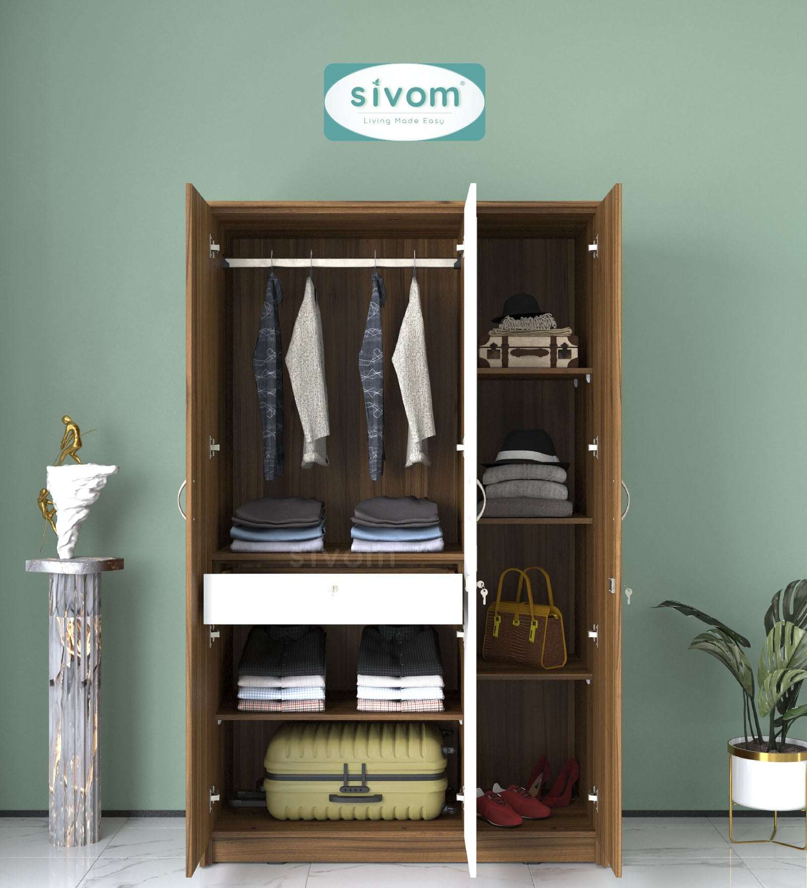 SIVOM Foldus Multipurpose 3 Door Wardrobe / Spacious Shelves with Hang ...