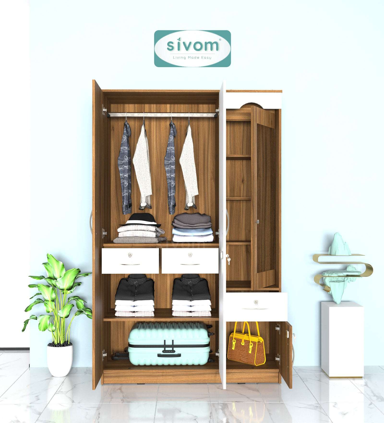 SIVOM Syntax Multipurpose 3 Door Wardrobe / Spacious Shelves with Hang ...